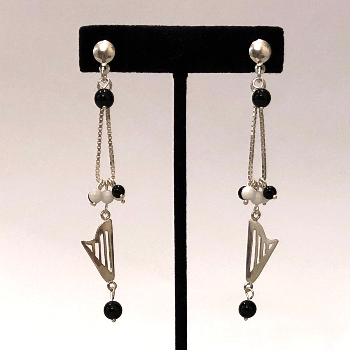 CELTIC or CLASSIC HARP BLACK & WHITE BEADED CHAIN LOOP STUD EARRINGS ...