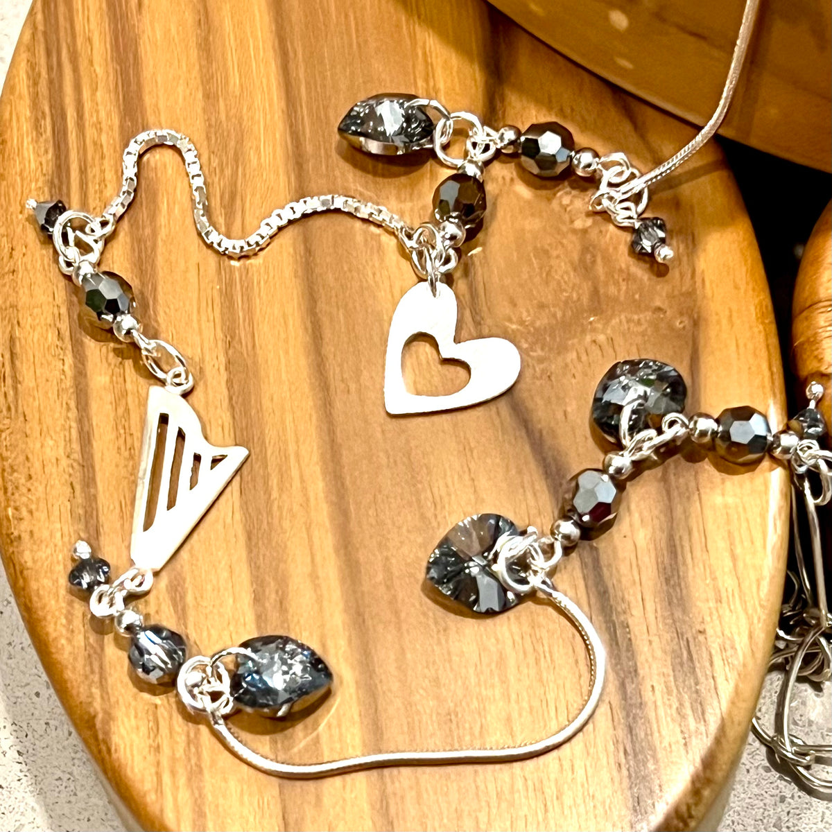 LONG NECKLACE WITH HARPS & GRAY SWAROVSKI HEARTS & CRYSTALS ...