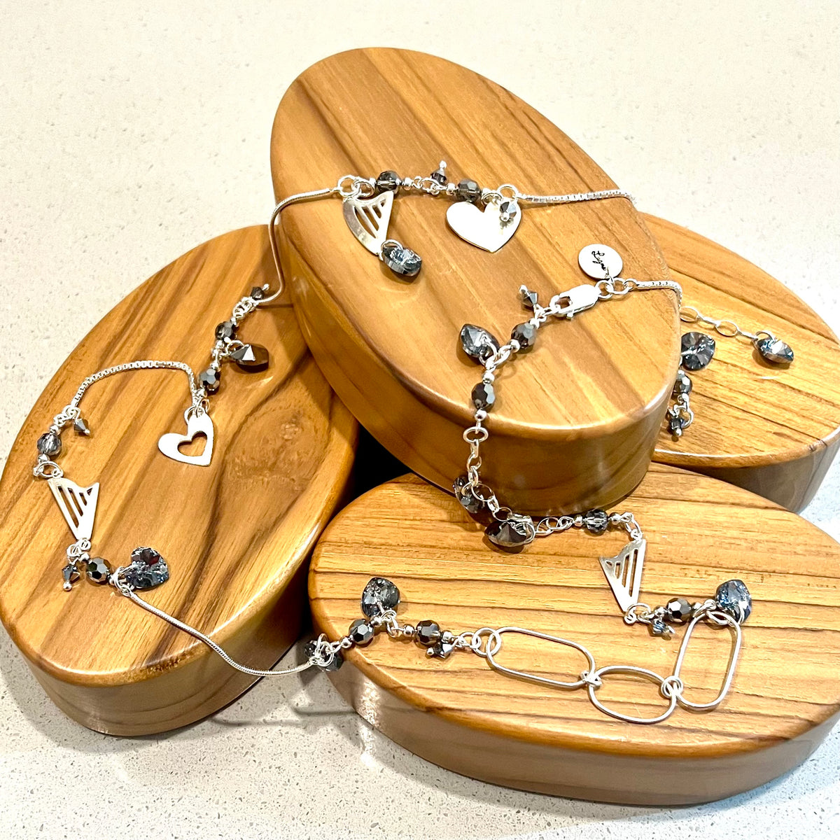 LONG NECKLACE WITH HARPS & GRAY SWAROVSKI HEARTS & CRYSTALS ...